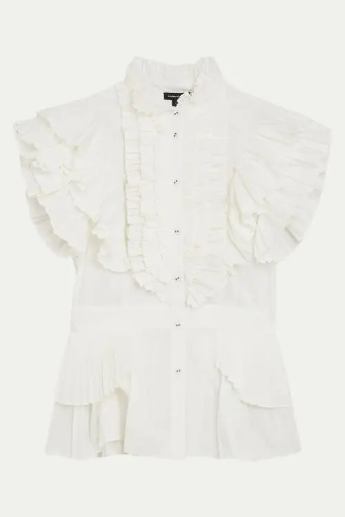 Karen Millen Sleeveless Pleated Ruffle Blouse - White