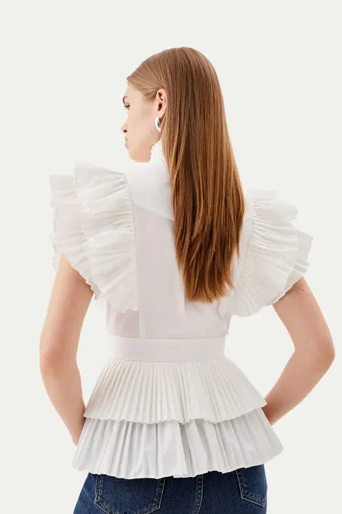 Karen Millen Sleeveless Pleated Ruffle Blouse - White