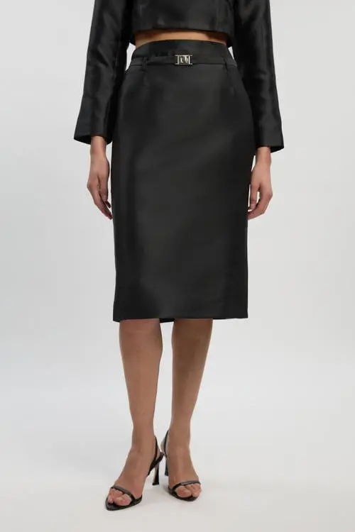 Karen Millen Satin Twill Belted Tailored Midi Skirt - Black