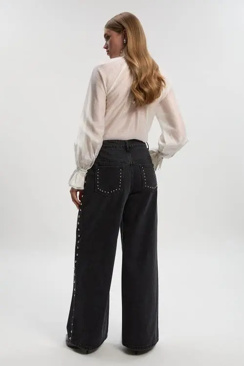 Karen Millen Denim Studded Wide Leg Jeans
