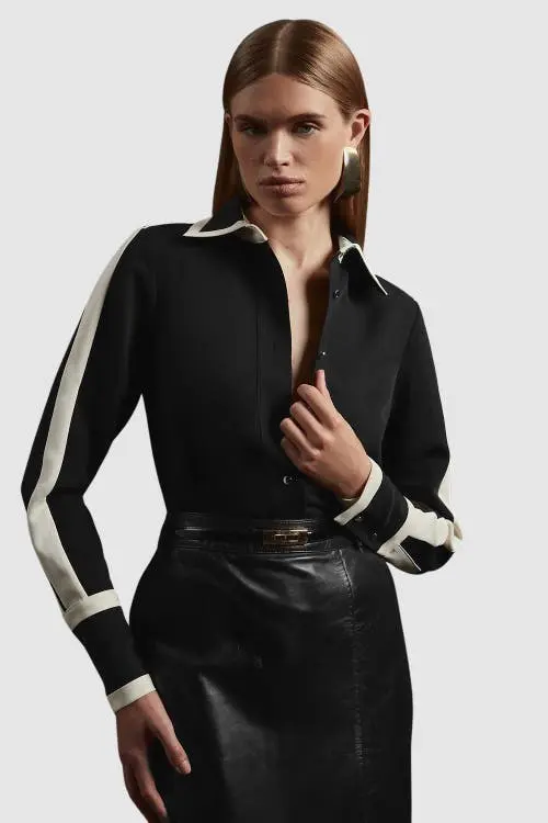 Karen Millen Color Block Twill Woven Shirt - Black