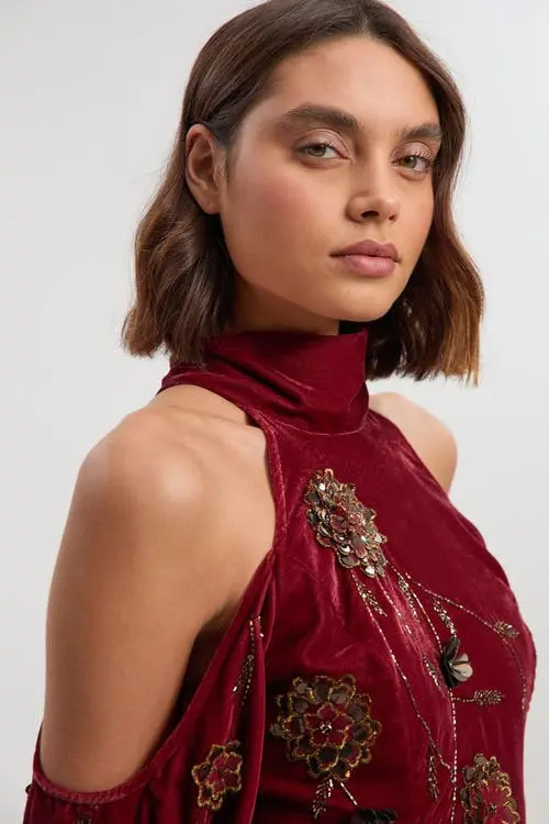 Karen Millen Velvet Embroidered High Neck Maxi Dress In Rust - 20% Off |  Editorialist