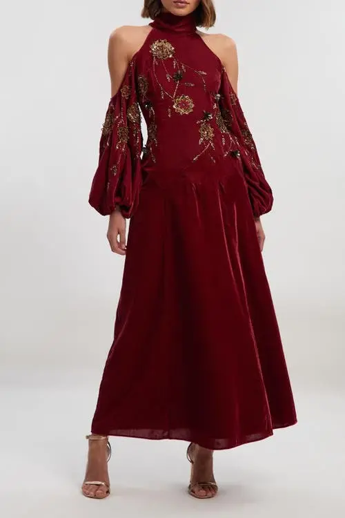 Karen Millen Velvet Embroidered High Neck Maxi Dress In Rust - 20% Off |  Editorialist