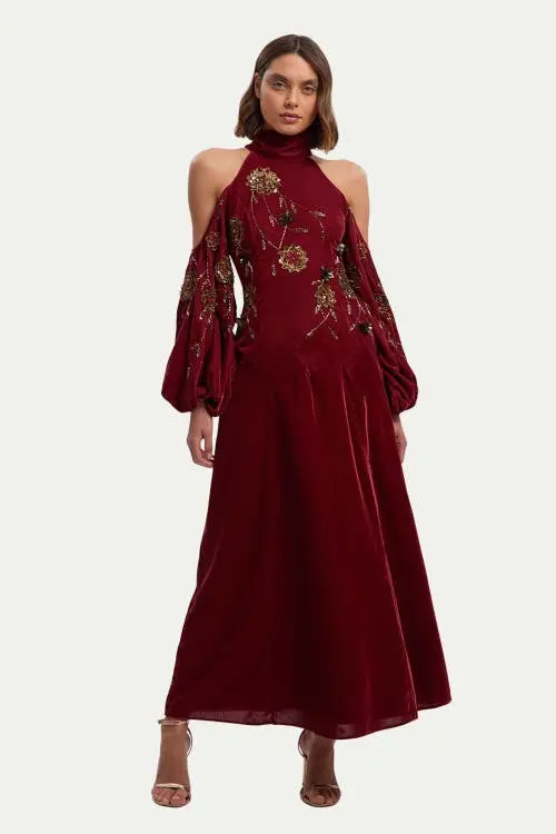 Karen Millen Velvet Embroidered High Neck Maxi Dress