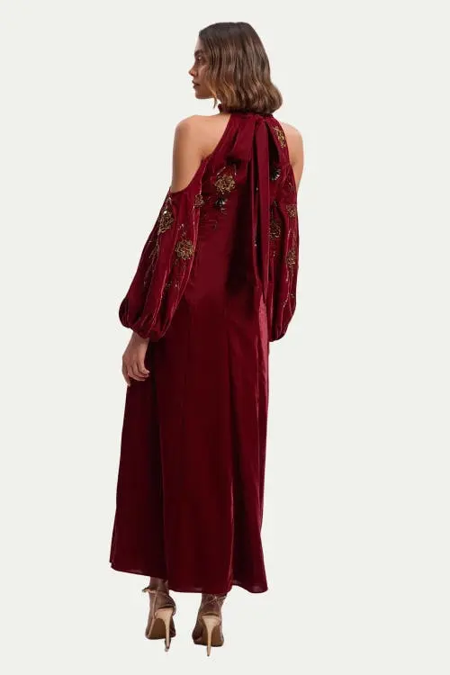 Karen Millen Velvet Embroidered High Neck Maxi Dress