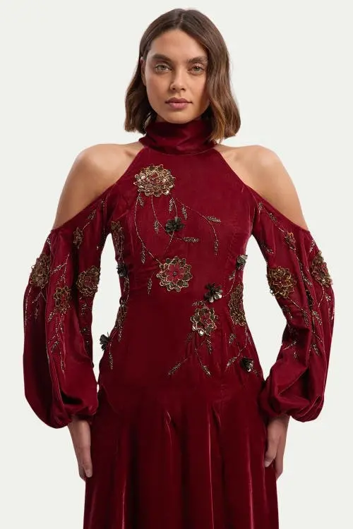 Karen Millen Velvet Embroidered High Neck Maxi Dress