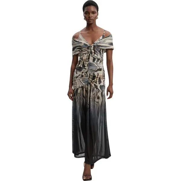 Karen Millen Marble Print Mesh Plunge Maxi Dress - Mono