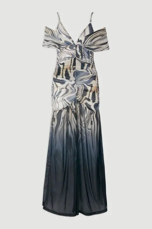 Karen Millen Marble Print Mesh Plunge Maxi Dress