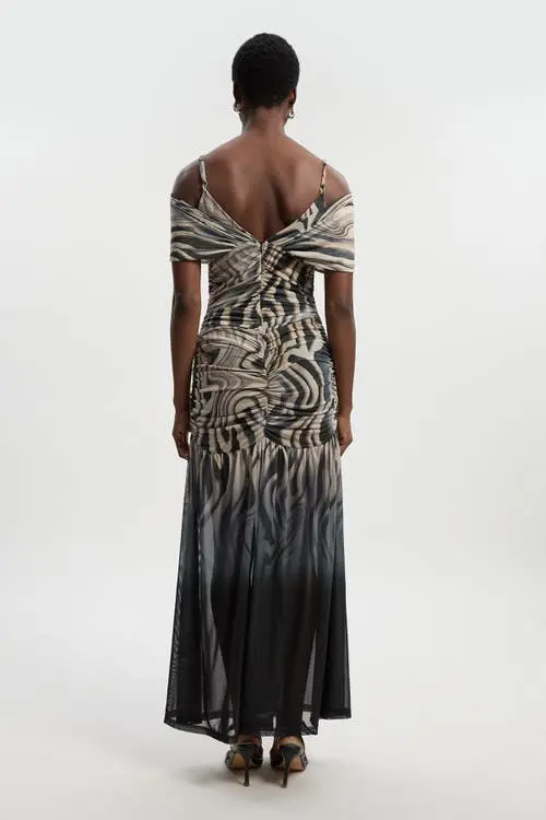 Karen Millen Marble Print Mesh Plunge Maxi Dress