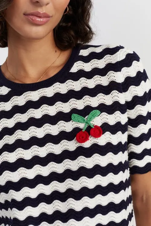 Chinti & Parker Crochet Cherry Tee - Blue/cream