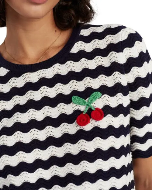 Chinti & Parker Crochet Cherry Tee - Blue/cream