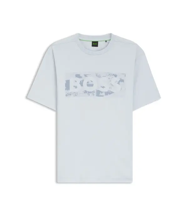 BOSS Logo-artwork T-shirt In Stretch Cotton - Light Blue