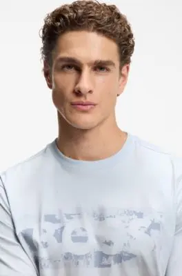 BOSS Logo-artwork T-shirt In Stretch Cotton - Light Blue