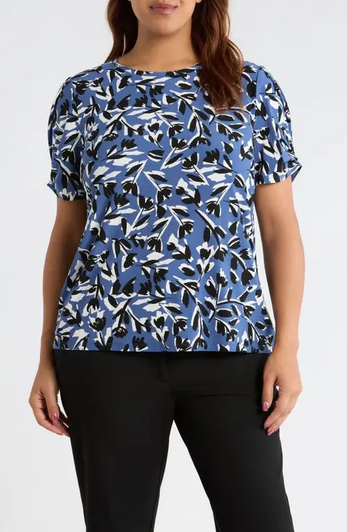 Anne Klein Floral Pleat Sleeve T-shirt - Blue Jay Multi