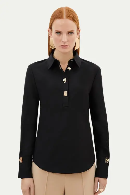 Karen Millen Techno Cotton Gold Clasp Shirt - Black