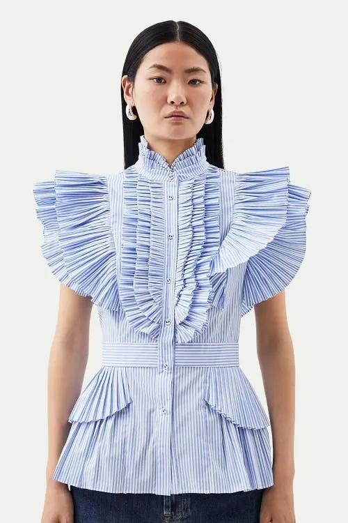 Karen Millen Sleeveless D Pleated Ruffle Blouse - Stripe