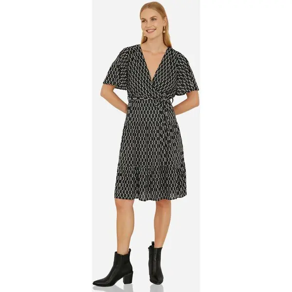 YUMI Short Sleeve Tie Waist Midi Skater Dress - Black