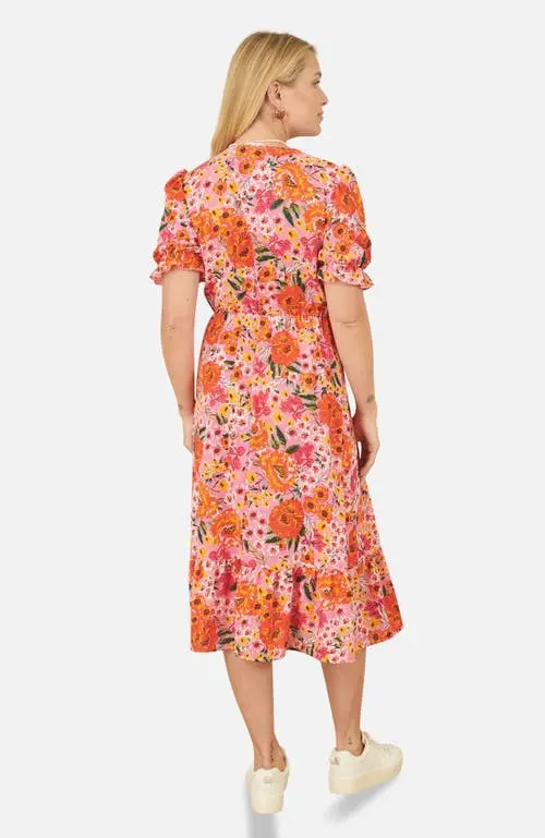 YUMI Puff Sleeve V-neck Printed Midi Dress