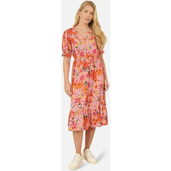 YUMI Puff Sleeve V-neck Printed Midi Dress