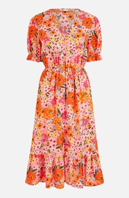 YUMI Puff Sleeve V-neck Printed Midi Dress