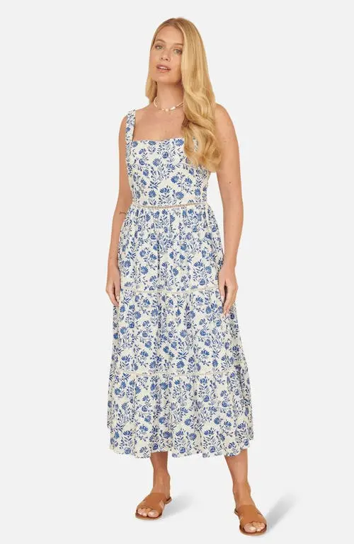 YUMI Floral Broderie Anglaise Cotton Midi Sun Dress - Blue