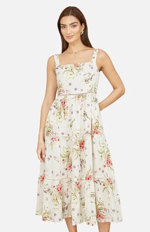 YUMI Floral Broderie Anglaise Cotton Midi Sun Dress - Ivory