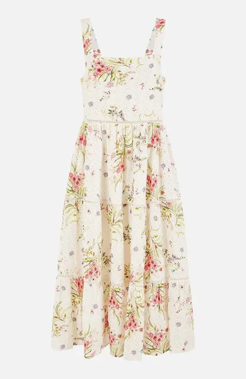 YUMI Floral Broderie Anglaise Cotton Midi Sun Dress - Ivory
