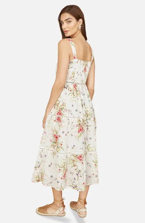 YUMI Floral Broderie Anglaise Cotton Midi Sun Dress - Ivory