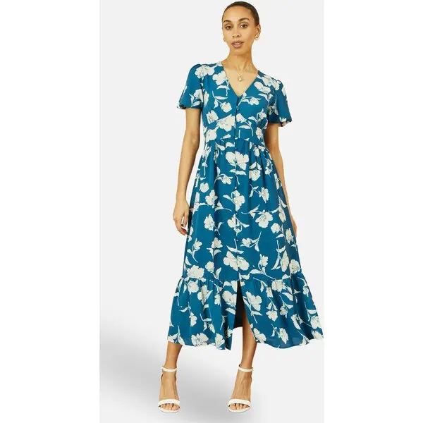 YUMI Floral Button Down Midi Dress - Teal