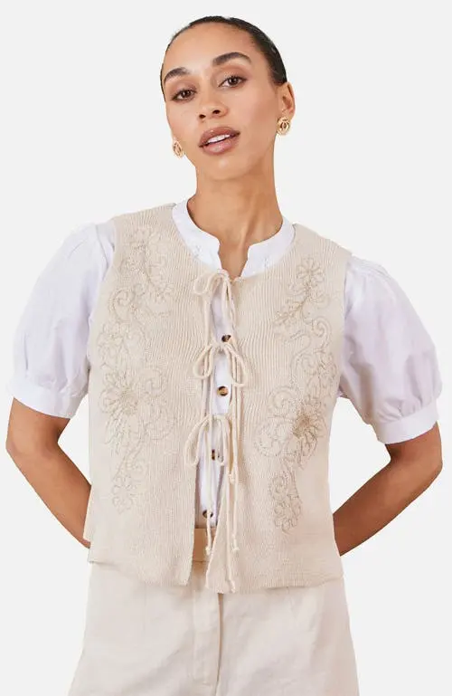 YUMI Embroidered Tie Front Waistcoat - Beige
