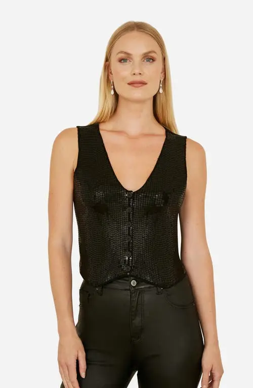 YUMI Sleeveless V-neck Sequin Waistcoat Top - Black