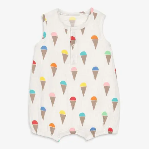 PRIMARY Baby Cotton Gauze Bubble Shortie In Seasonal Prints - Ivory Rainbow Ice Cream Cones