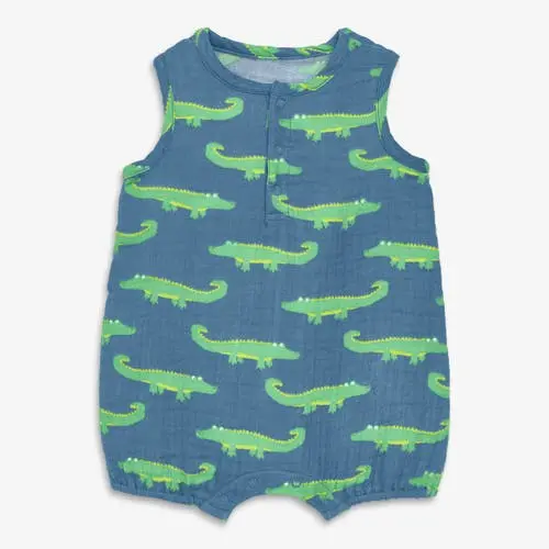 PRIMARY Baby Cotton Gauze Bubble Shortie In Seasonal Prints - Moonlight Alligators