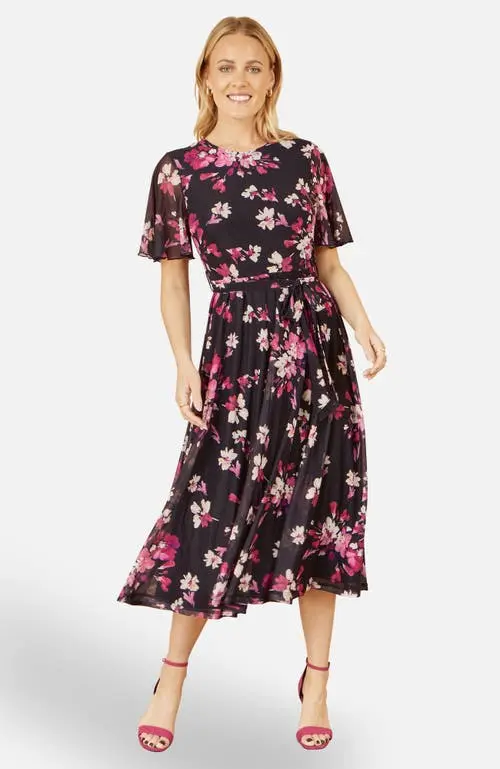 YUMI Mesh Skater Floral Midi Dress - Black