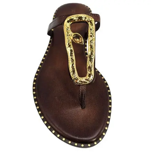 MADISON MAISON Leather Hammered Link Flat Sandal - Brown