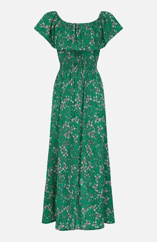 YUMI Floral Bardot Ruffled Hem Midi Dress