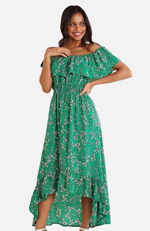 YUMI Floral Bardot Ruffled Hem Midi Dress