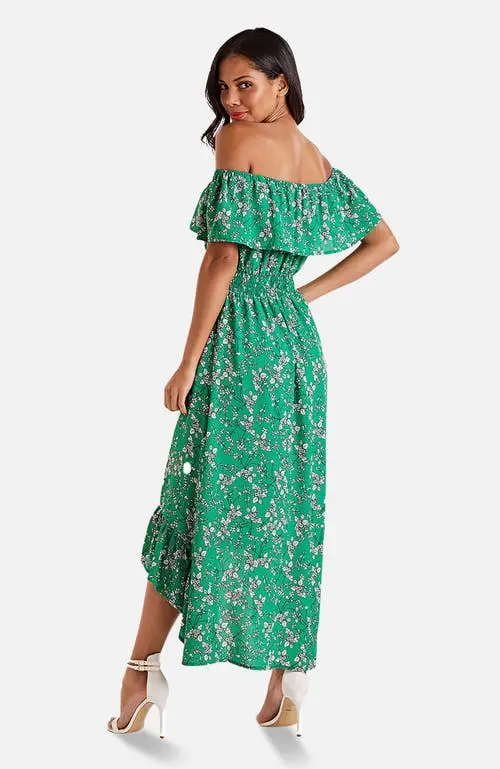 YUMI Floral Bardot Ruffled Hem Midi Dress
