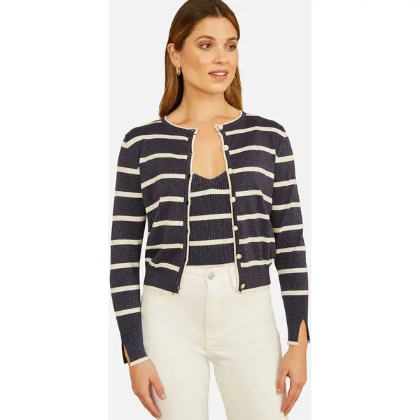 YUMI Long Sleeve Striped Cardigan - Navy