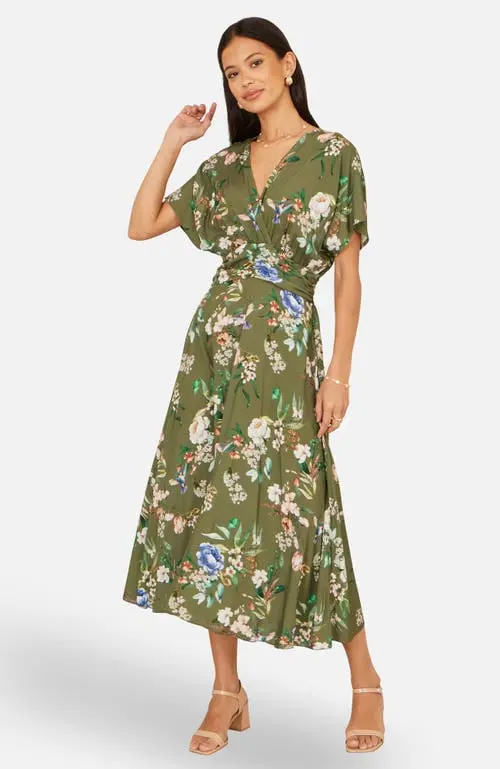 YUMI Floral Print Viscose Midi Dress - Sage Green