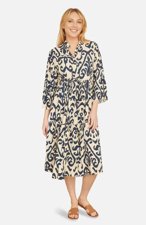 YUMI 3/4 Sleeve Block Print Kaftan Dress - Ivory