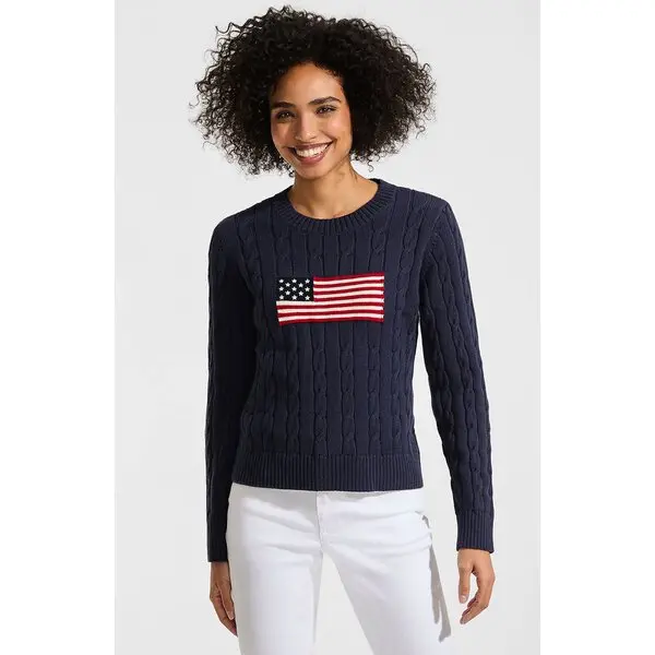 LANDS' END American Flag Drifter Cable Sweater - Flag/faded Navy