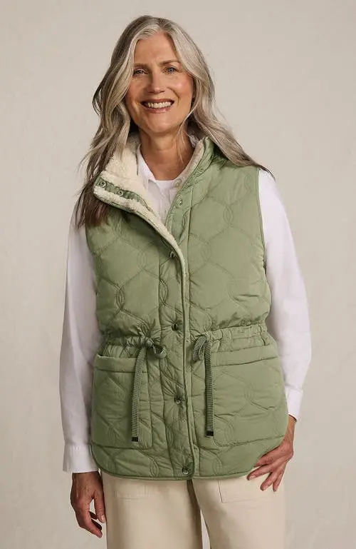 LANDS' END Reversible Quilted High Pile Fleece Vest - Sage Green/natural
