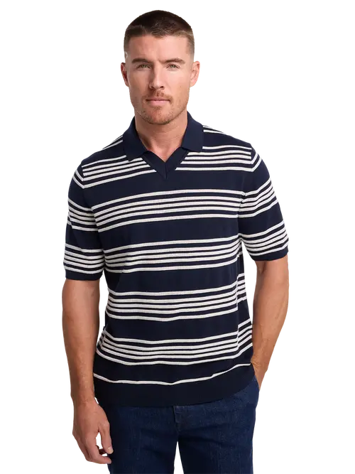 PAUL FREDRICK Cotton V-neck Polo - Navy