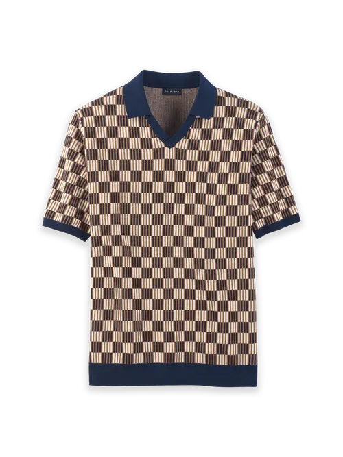 PAUL FREDRICK Cotton V-neck Polo - Navy/brown
