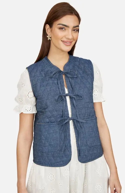 YUMI Reversible Quilted Tie-front Waistcoat - Blue
