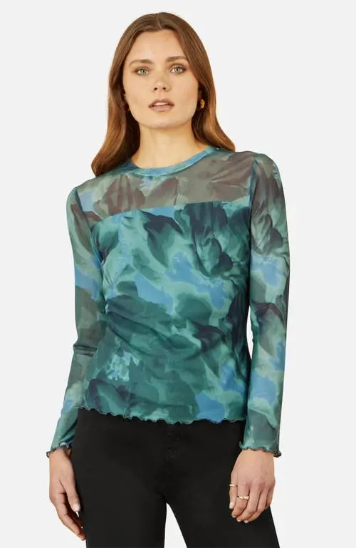 YUMI Long Sleeve Floral Mesh Top - Green