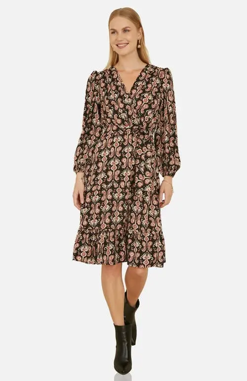 YUMI Ikat Print Long Sleeve Skater Midi Dress - Black