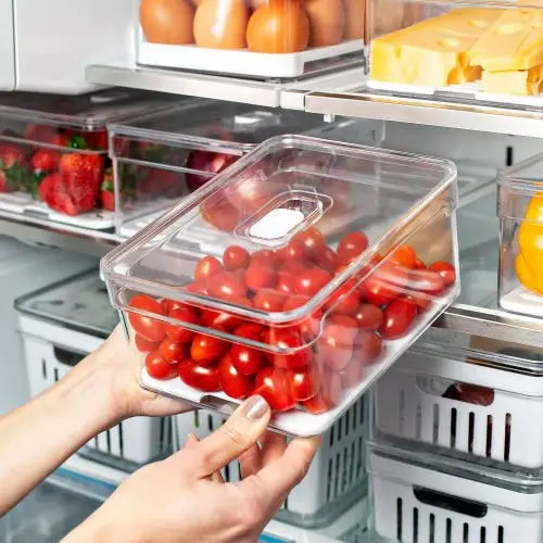 OU Clear Stackable Fridge Organizer Bins With Drain Basket, Flat Tray And Vented Lids