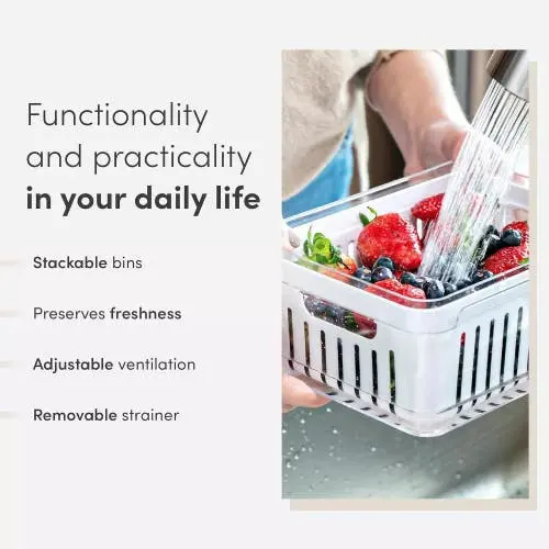 OU Clear Stackable Fridge Organizer Bins With Drain Basket, Flat Tray And Vented Lids